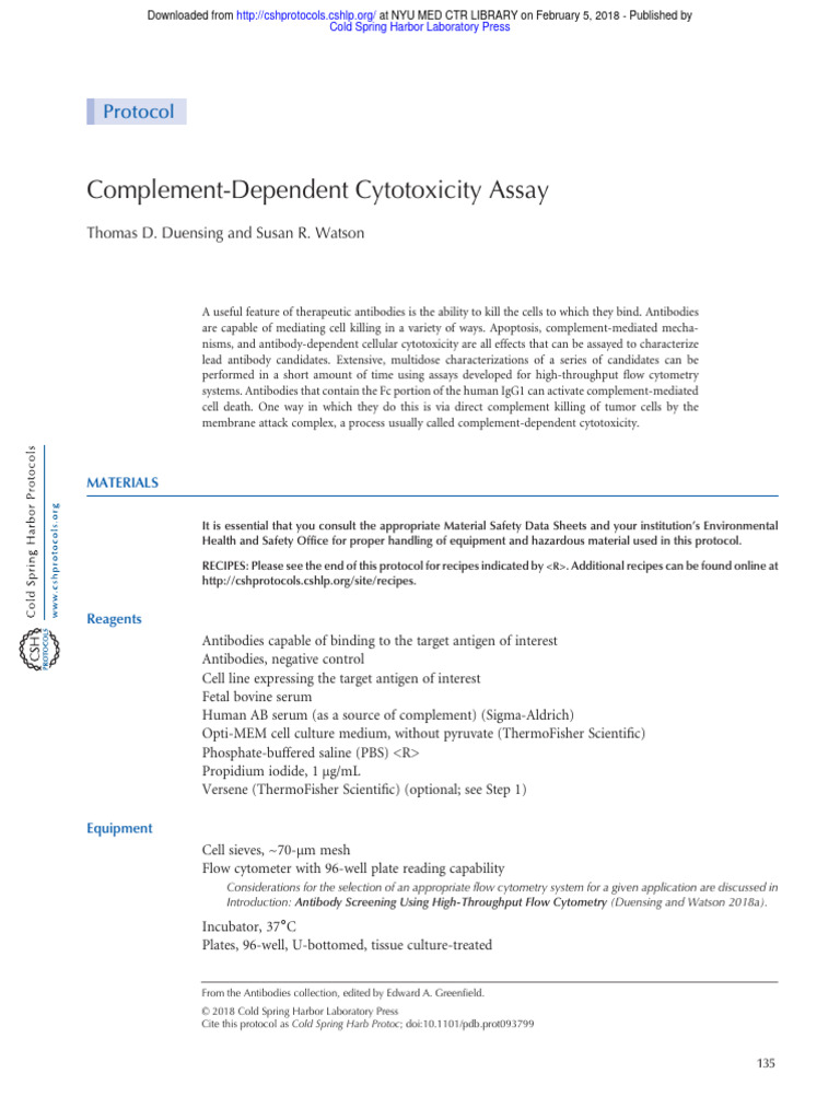 Complement-Dependent Cytotoxicity Assay | PDF | Cytotoxicity ...