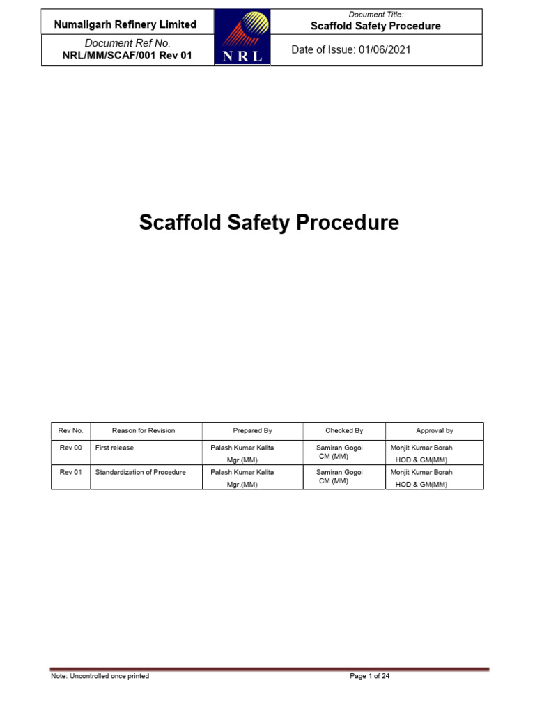 Nrl-Scaffolding Safety Procedure Rev 01 | PDF | Scaffolding | Risk