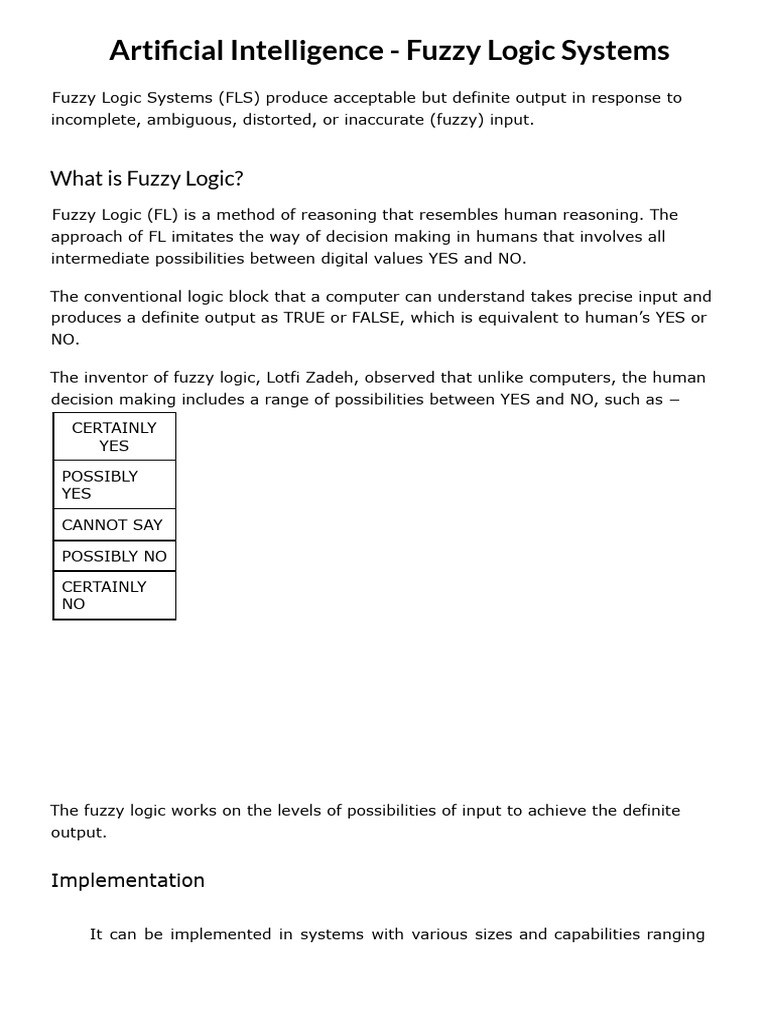 Artificial Intelligence Fuzzy Logic Systems Pdf Fuzzy Logic Function Mathematics 