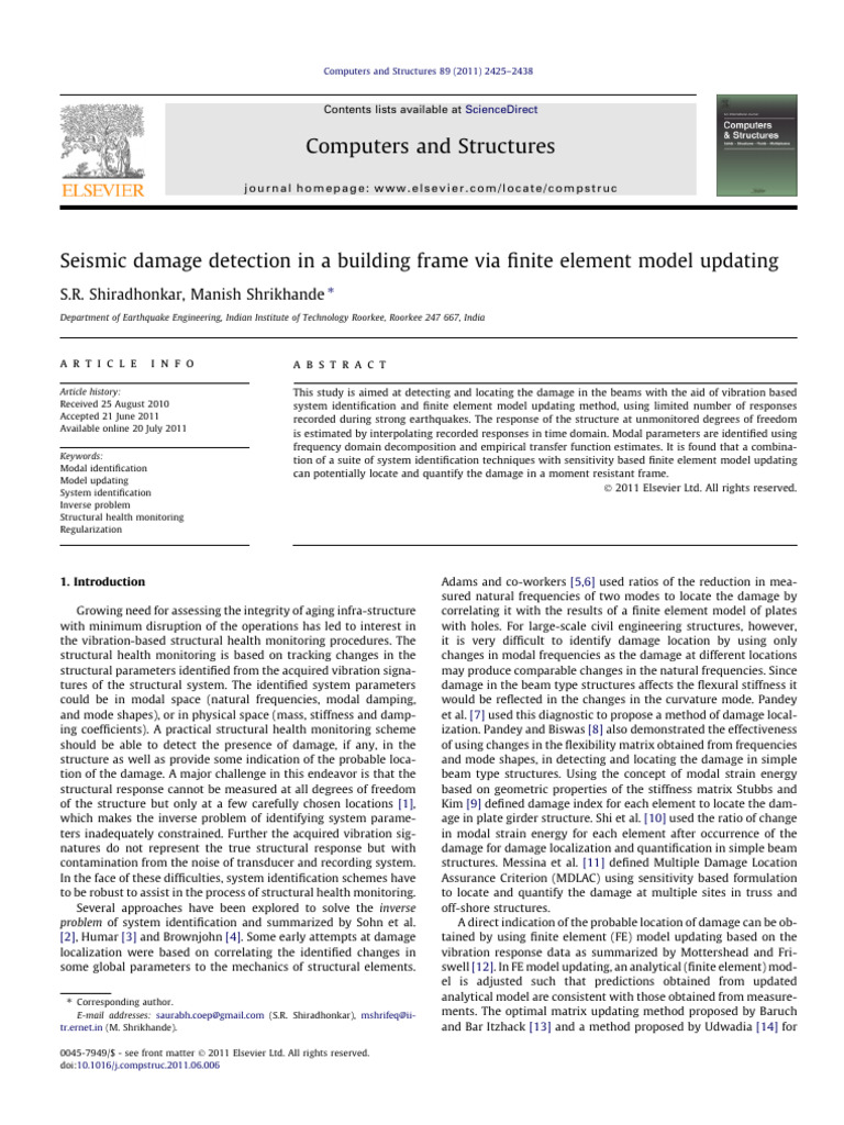 Seismic Damage Detection in A Building Frame Via Finite Element Model ... Seismic Damage Detection in A Building Frame Via Finite Element Model ...