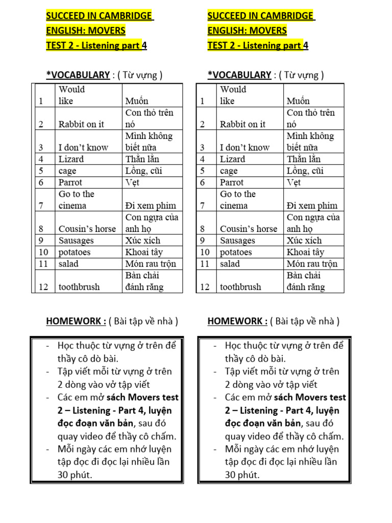 Succeed Movers TEST 2 - Listening Part 4 Homework | PDF