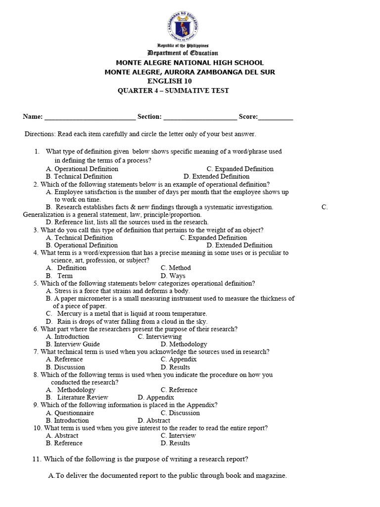 Grade 10 English Summative Test Guide | PDF | Definition | Methodology