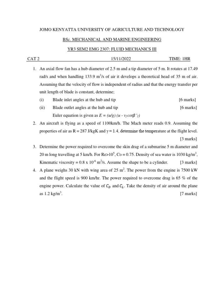EMG 2307 FLUID MECHANICSS III CAT II-2022 | PDF