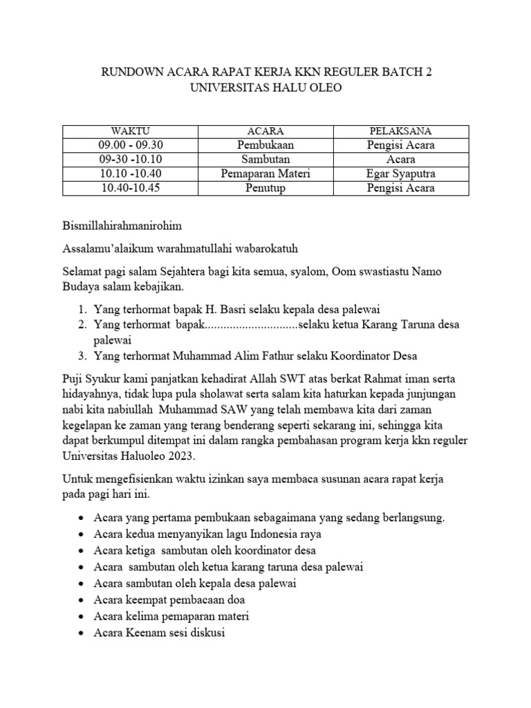 Rundown Acara Rapat Kerja KKN Reguler Batch 2 Universitas Halu Oleo | PDF