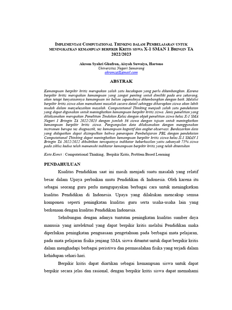 IMPLEMENTASI COMPUTATIONAL THINKING DALAM PEMBELAJARAN UNTUK MENINGKATKAN KEMAMPUAN BERPIKIR ...