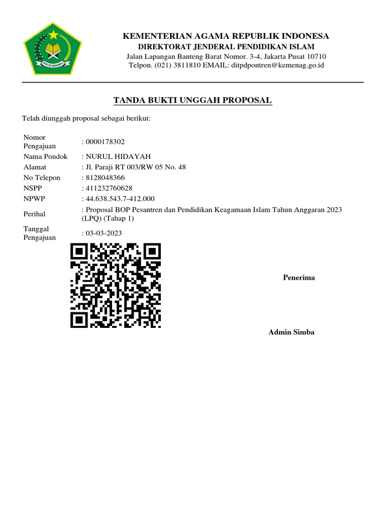 Bukti Upload Proposal BOP Pesantren Dan Pendidikan Keagamaan Islam Tahun Anggaran 2023 (LPQ ...