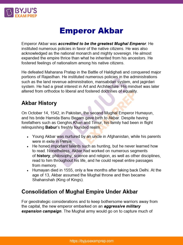 Emperor Akbar Upsc Notes 52 | PDF | Mughal Empire