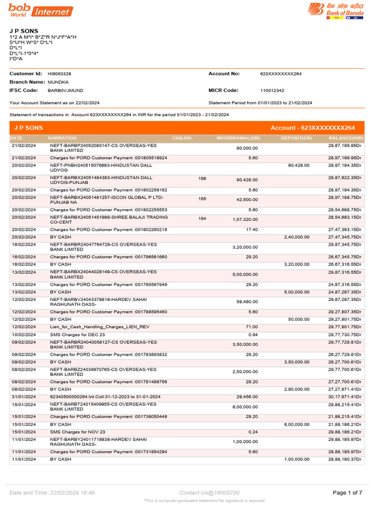 PORD Customer Payment Charges Summary | PDF | Financial Services | Banking