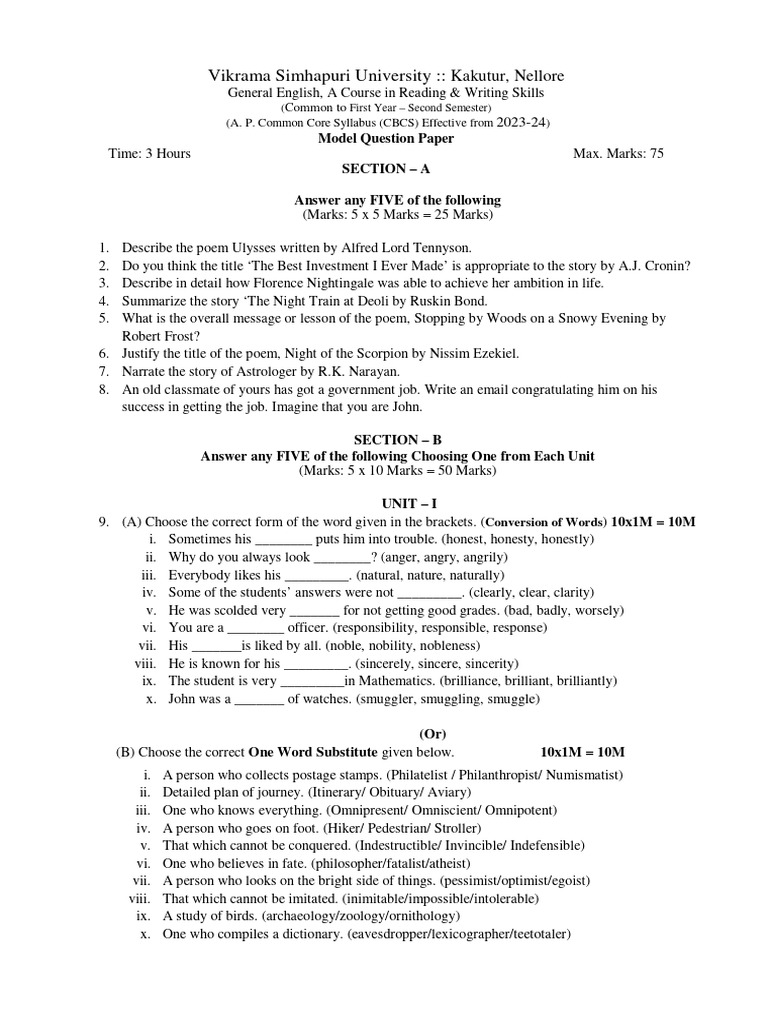 General English Model Question Paper II Sem 2023-24 | PDF | Language ...