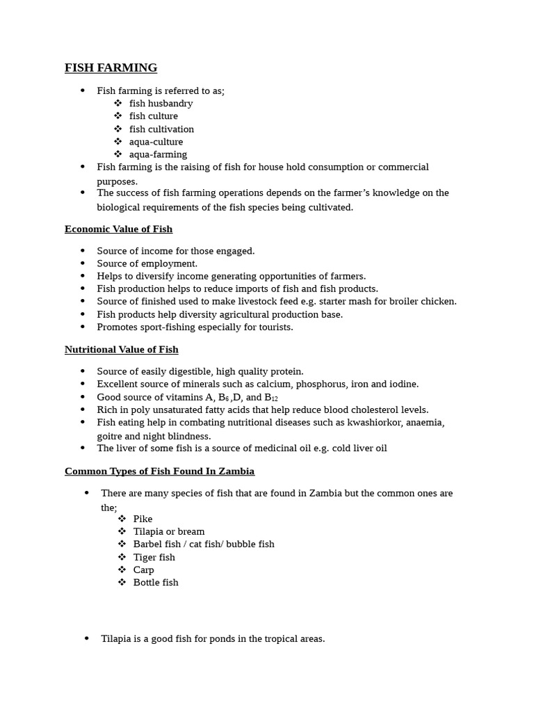 Fish Farming Agric Notes - Senior-1 | PDF | Pond | Agriculture