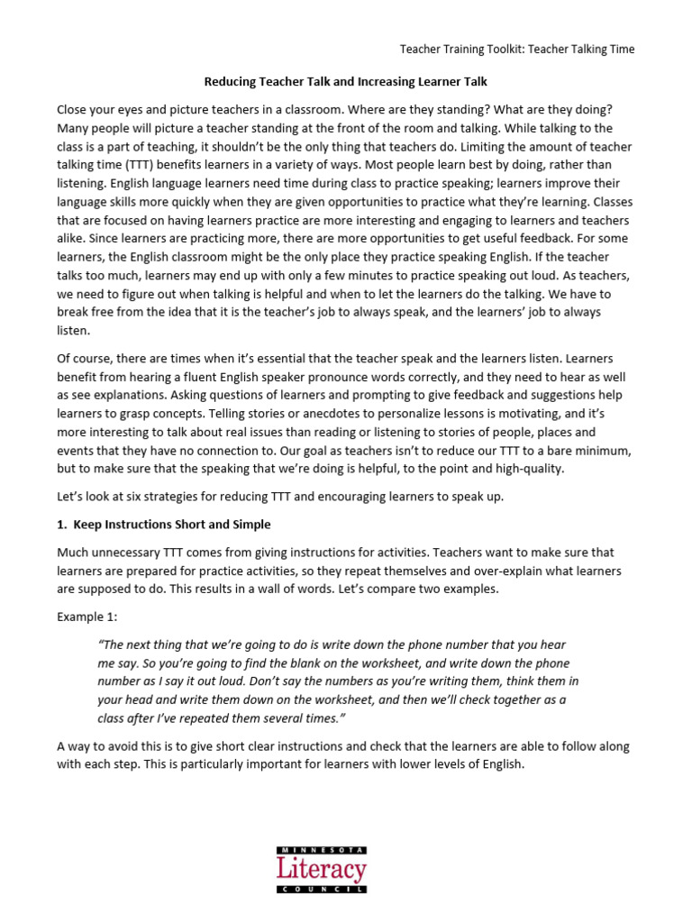 Teacher Talking Time Reading and Video Discussion | PDF | Teachers ...