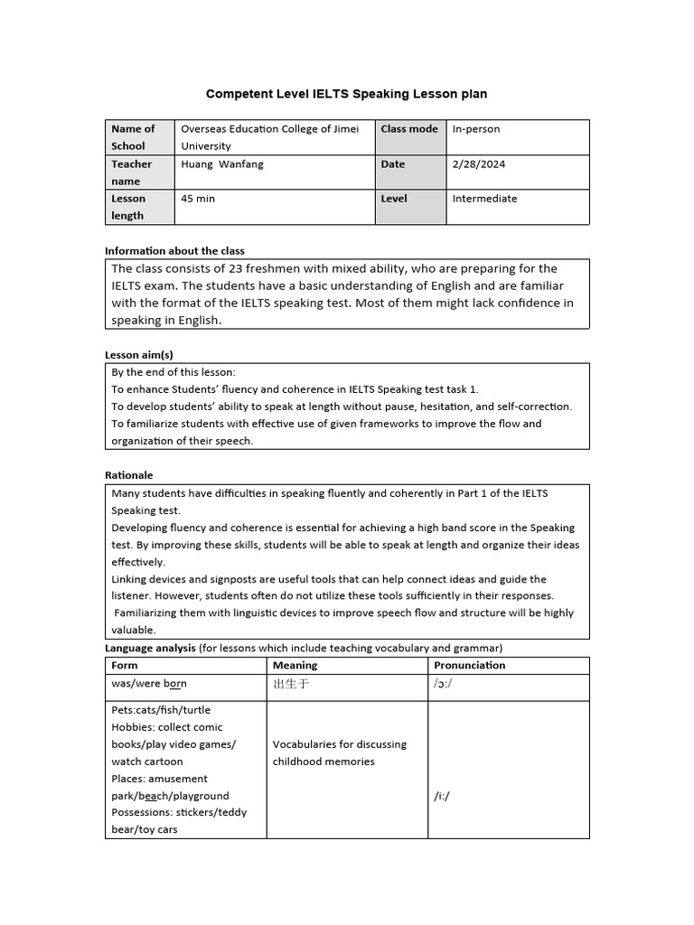 Competent Level IELTS Speaking Lesson Plan Sample | PDF