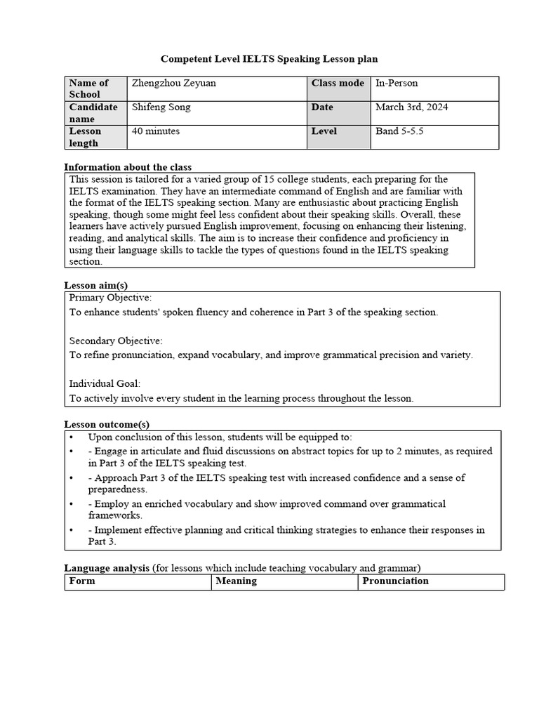 Shifeng Song Lesson Plan | PDF | English Language | Lesson Plan