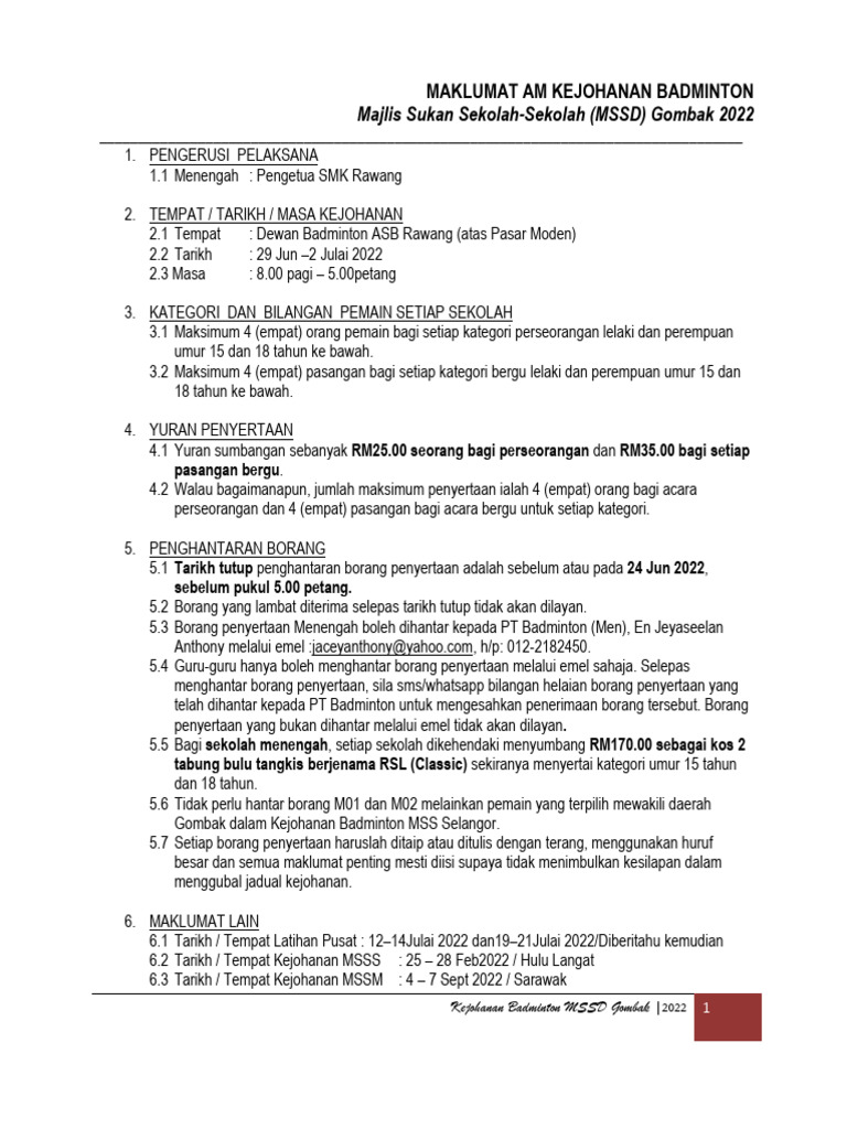 Maklumat Am Dan Peraturan Pertandingan MSSD Gombak Sekolah Menengah | PDF