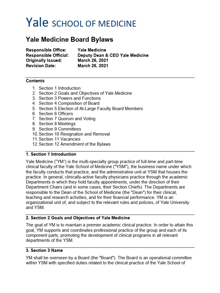 Yale-Medicine-Board Ysm-Bylaws-Final 447801 153 6694 v1 | PDF ...