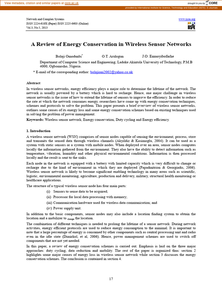 A Review of Energy Conservation in Wireless Sensor Networks: Bolajioni2002@yahoo - Co.uk ...