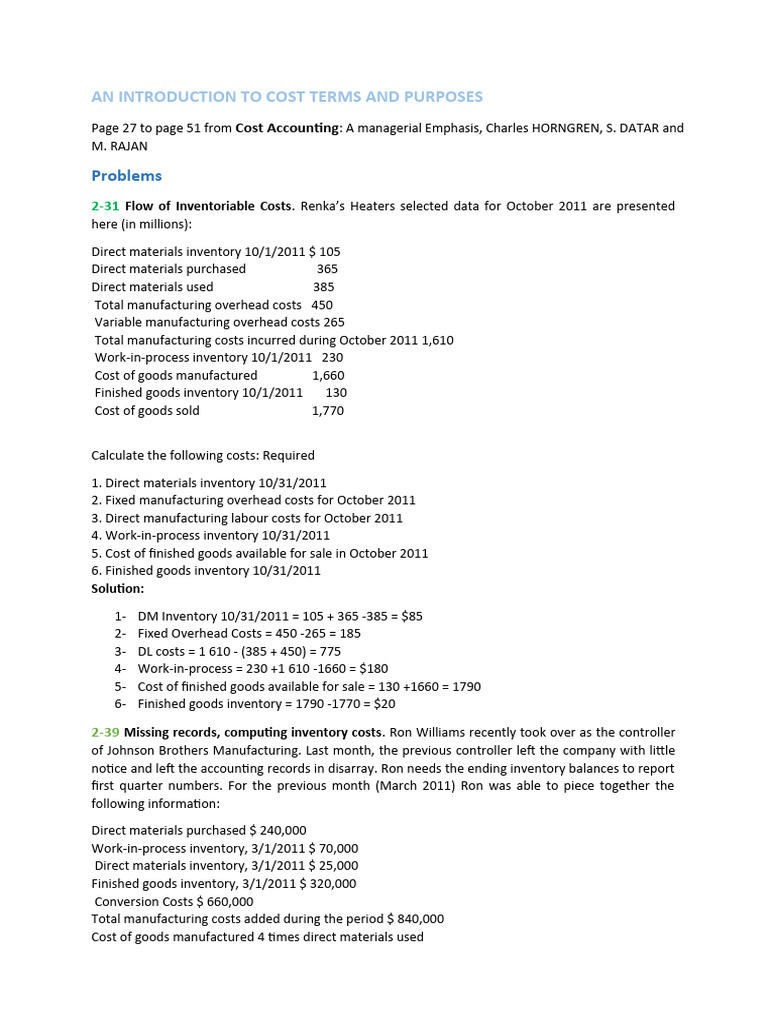 An Introduction To Cost Terms and Purposes Problems 1 11 | PDF | Cost Of Goods Sold | Inventory