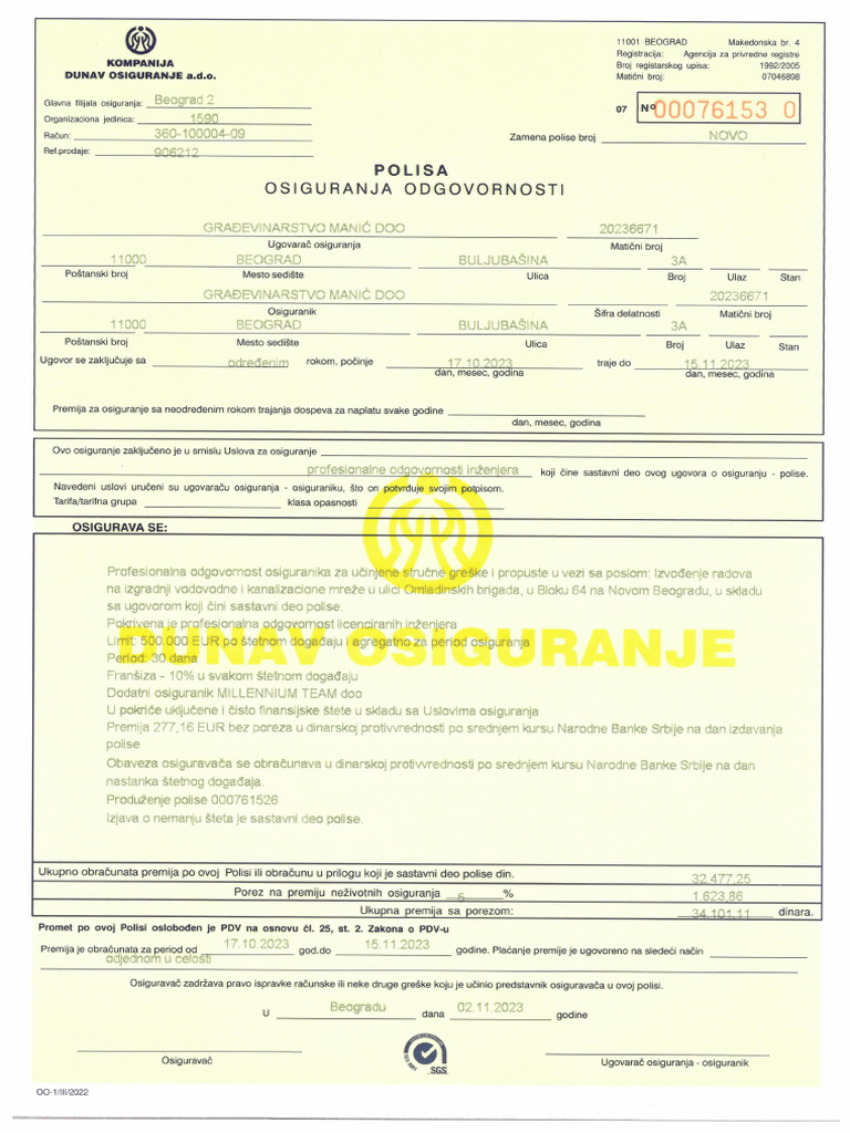 Polisa Osiguranja Odgovornosti 07 00076153 0 - Do 15.11.2023 | PDF