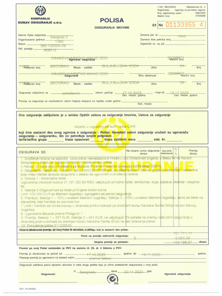 Polisa Osiguranja Imovine 01 01133955 4 - Do 15.11.2023. | PDF