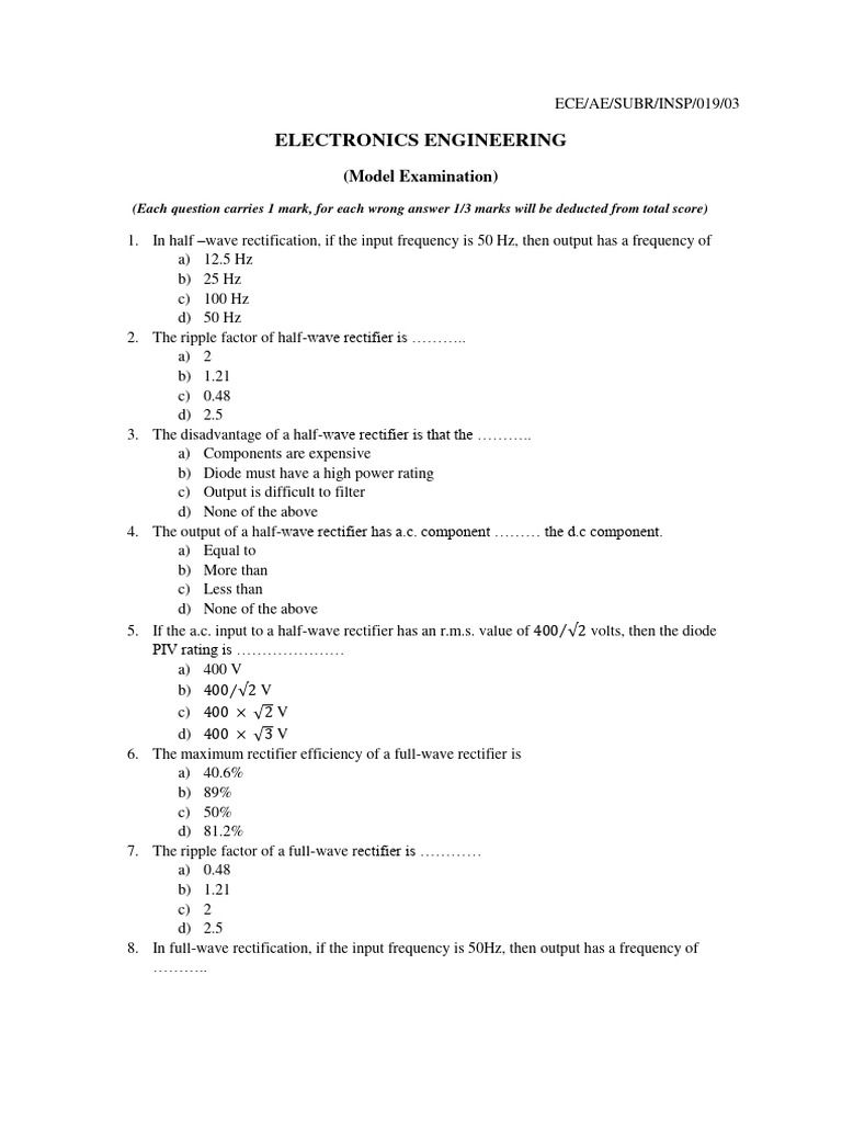 Electronics Engineering: (Model Examination) | PDF | Rectifier ...