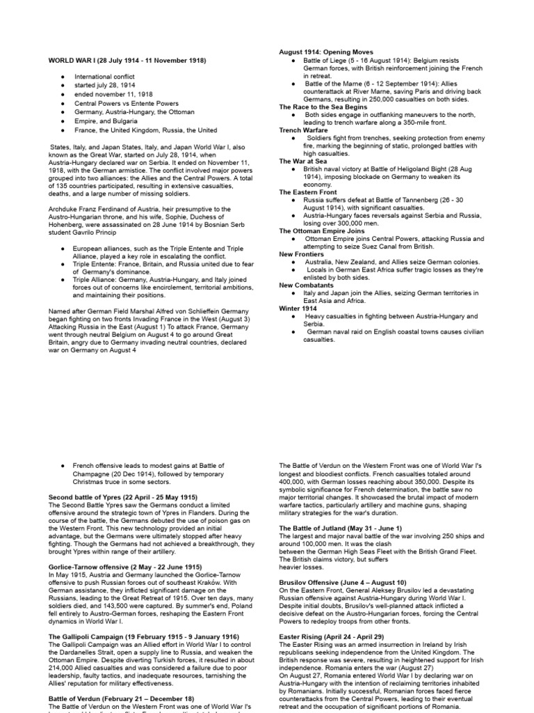 WORLD WAR I (28 July 1914 - 11 November 1918) | PDF | World War I | Allies Of World War I