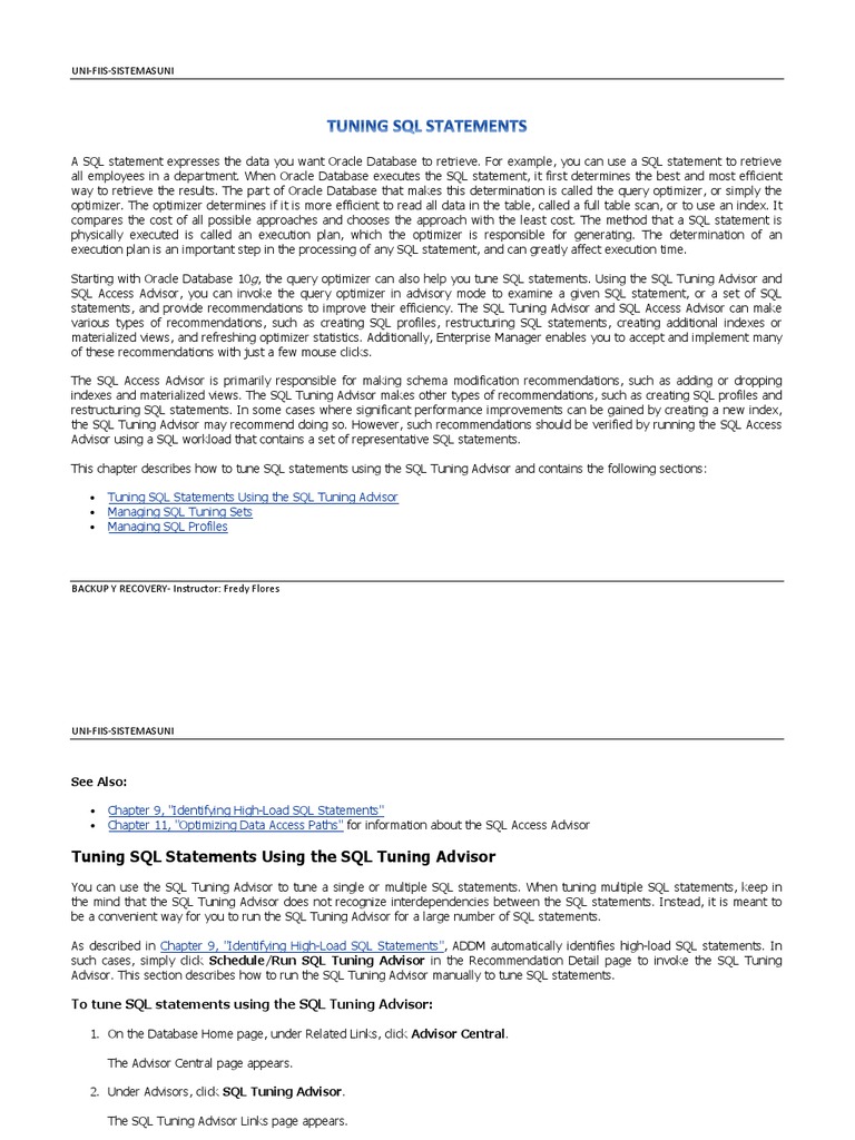 Uni Fiis Sistemasuni Tuning Sql Statements Using The Sql Tuning Advisor Managing Sql Tuning