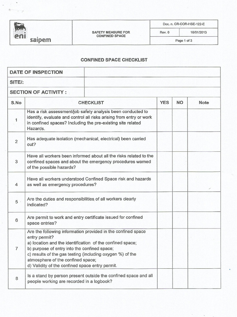 Confined Space Checklist 0 | PDF