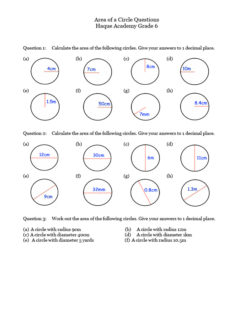 Area of A Circle Questions | PDF