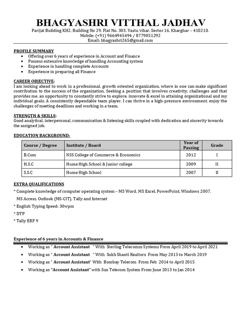 Bhagyashri Jadhav - Resume 1 PDF | PDF | Receipt