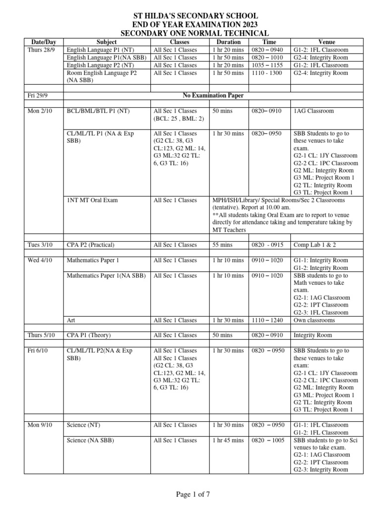 SEC 1 EOY Exam Timetables 2023 | PDF | Schools | Qualifications