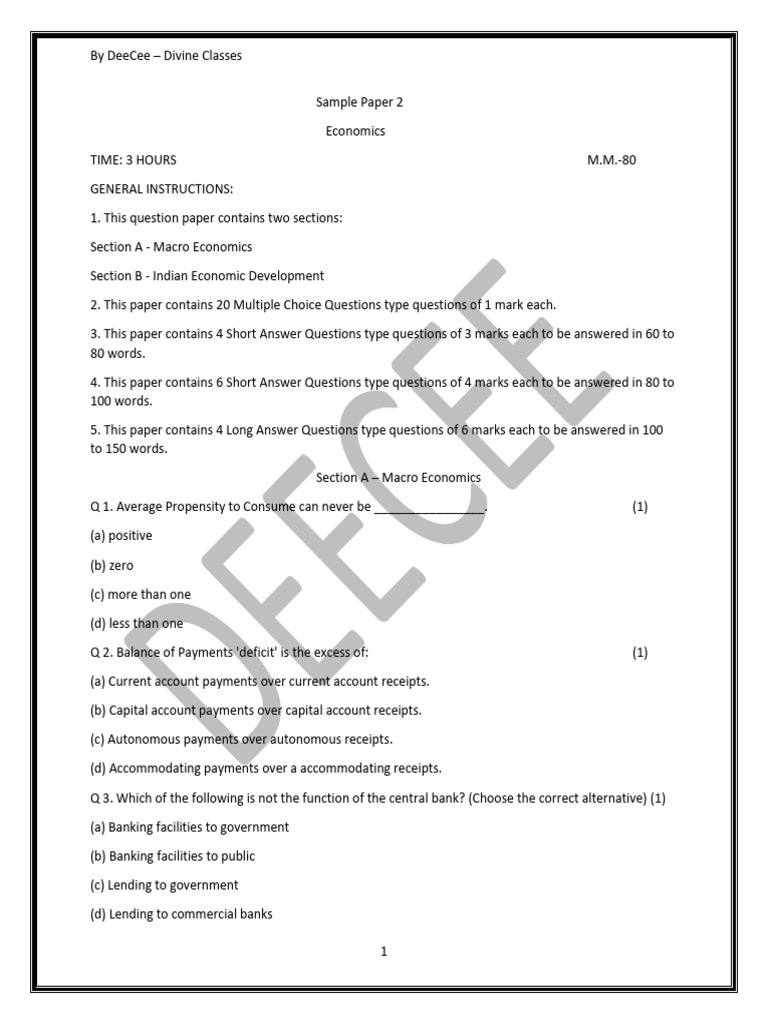 Sample Paper 2 Economics Class 12th | PDF | Gross Domestic Product ...