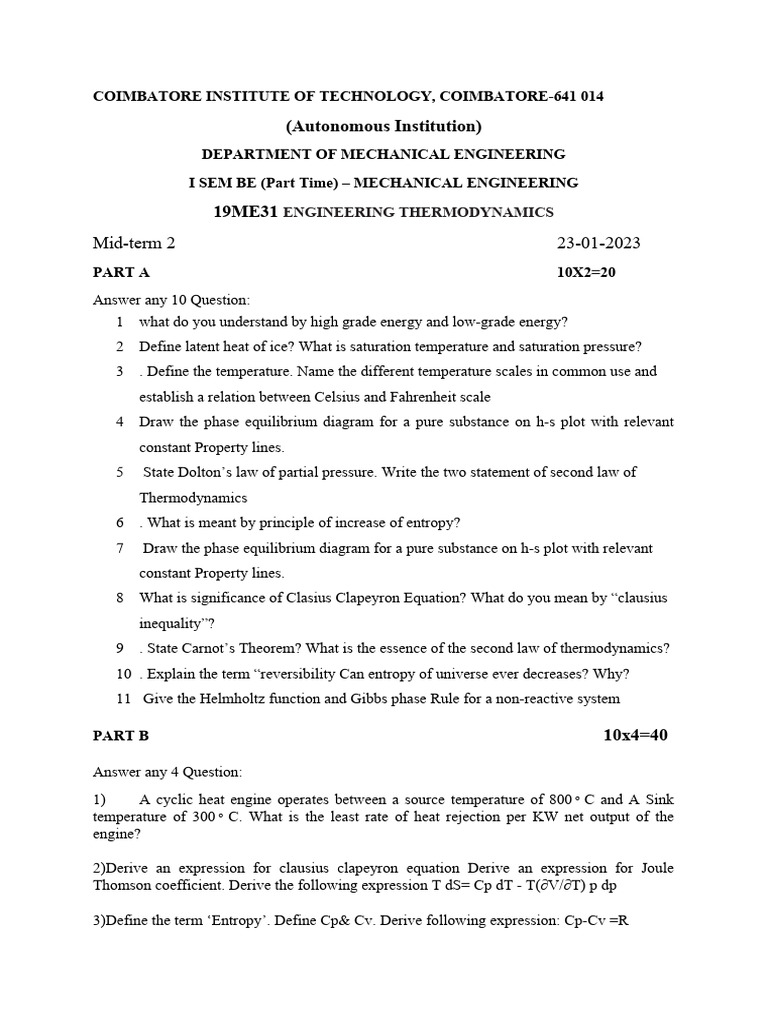 Engineering Thermodynamics Partime MIDsem2 2023 | PDF | Teaching Methods & Materials | Science ...