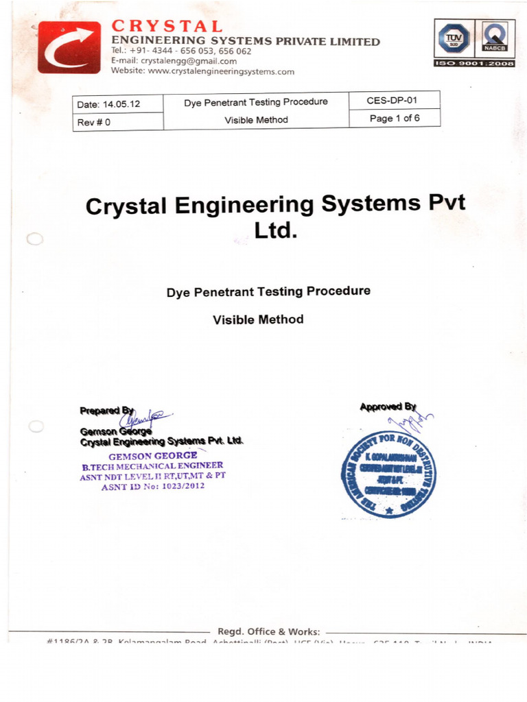 CES-DP-01-Dye Penetrant Test Procedure as Per ASNT | PDF