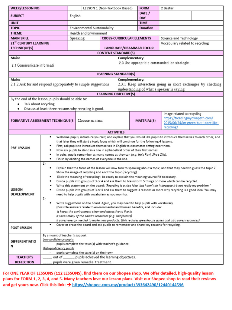 Latest Form 2 Lesson Plan (Cefr/kssm English Daily Lesson Plan) RPH ...