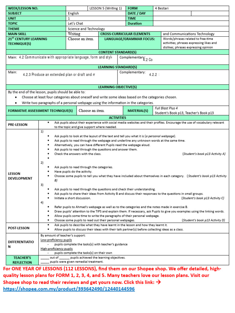 Latest Form 4 Lesson Plan (Cefr/kssm English Daily Lesson Plan) RPH ...