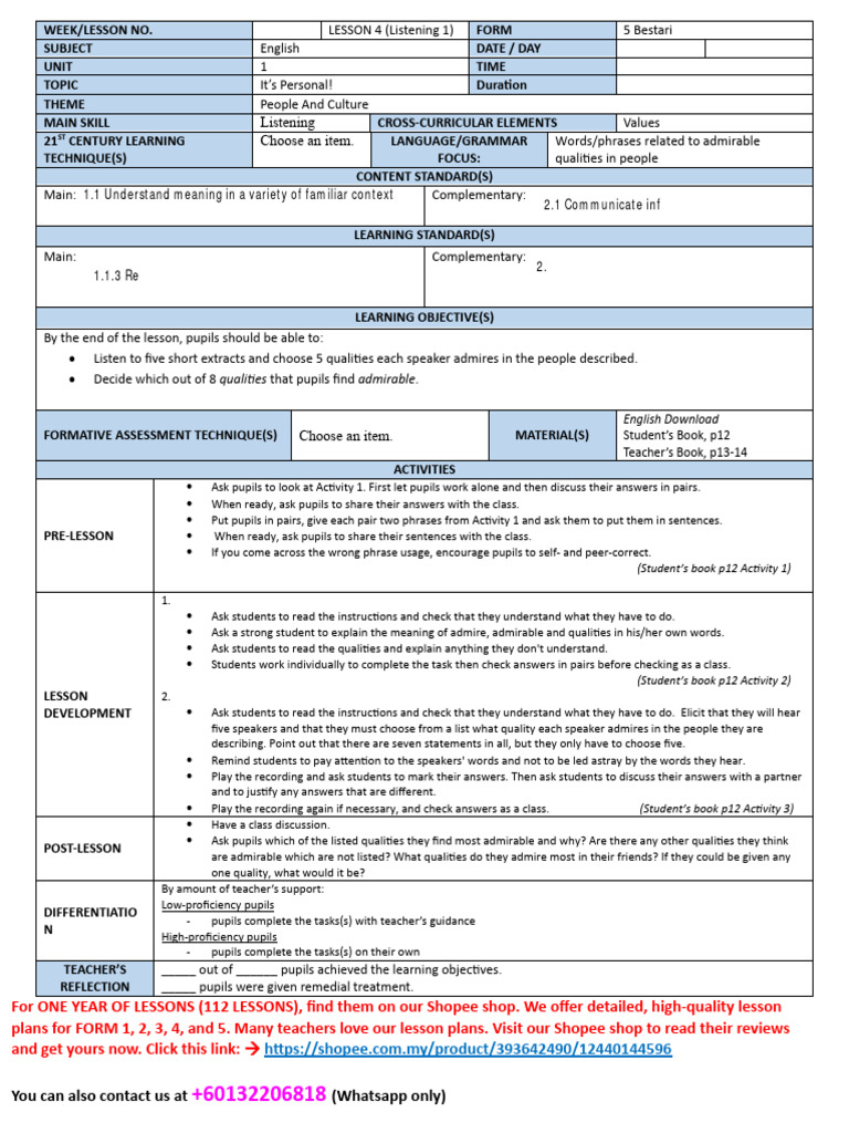 LATEST FORM 5 LESSON PLAN (CEFR/KSSM ENGLISH DAILY LESSON PLAN) RPH ...