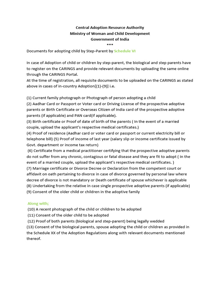 Documents For Adopting Child by Step-Parent by Schedule VI 04012024 | PDF
