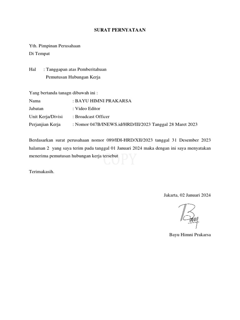 Surat Pernyataan Menerima PHK | PDF