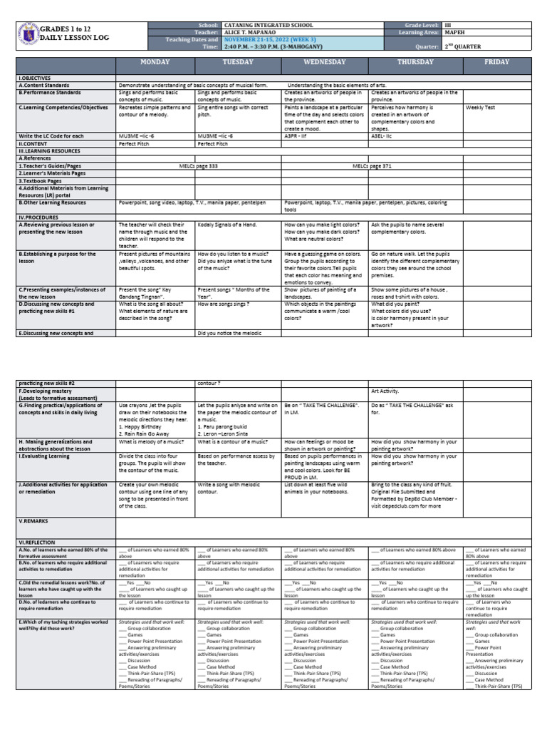 DLL - Mapeh 3 - Q2 - W2 | PDF | Learning | Paintings