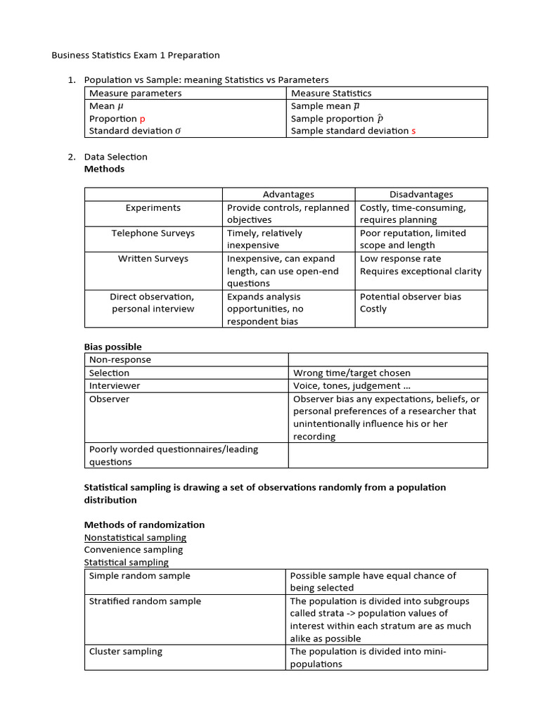 Business Statistics Exam 1 Preparation | PDF | Sampling (Statistics ...