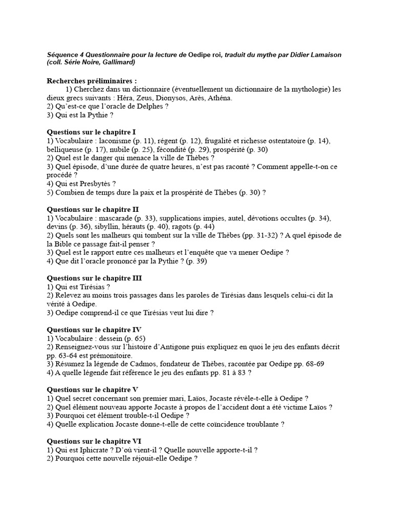 Questionnaire de Lecture Sur Oedipe Roi | PDF