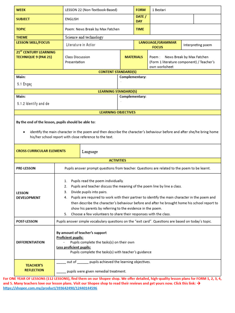 Latest Form 1 Lesson Plan (Cefr/kssm English Daily Lesson Plan) RPH ...