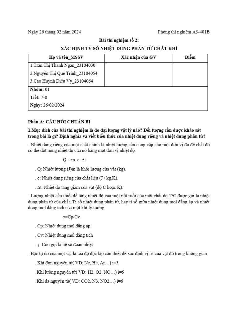 Báo cáo TNVL1 - TN2 - Xác định tỷ số nhiệt dung phân tử chất khí | PDF