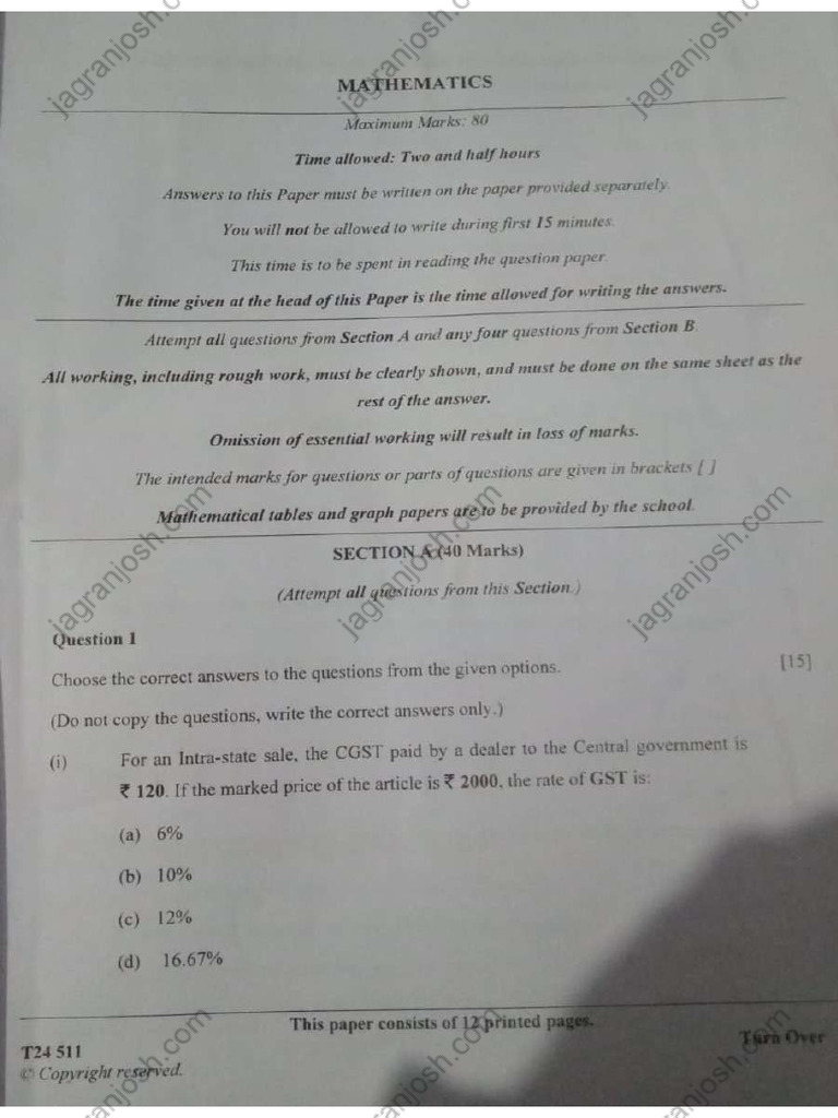 Icse Class 10 Maths 2024 Question Paper | PDF