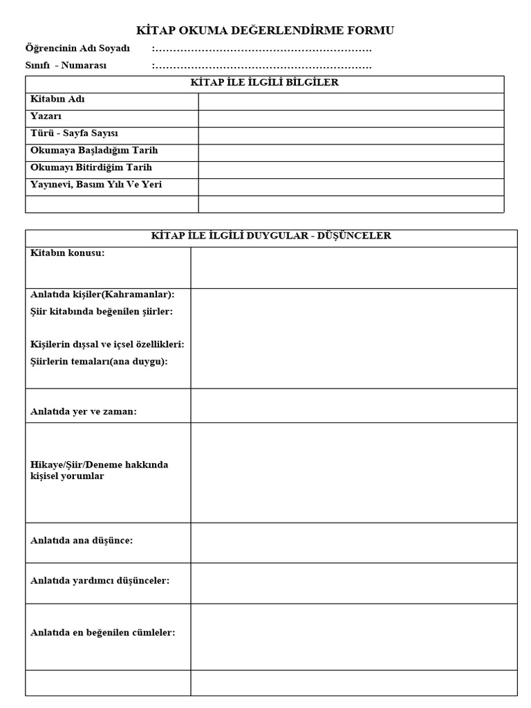 Kitap Okuma Değerlendirme Formu | PDF