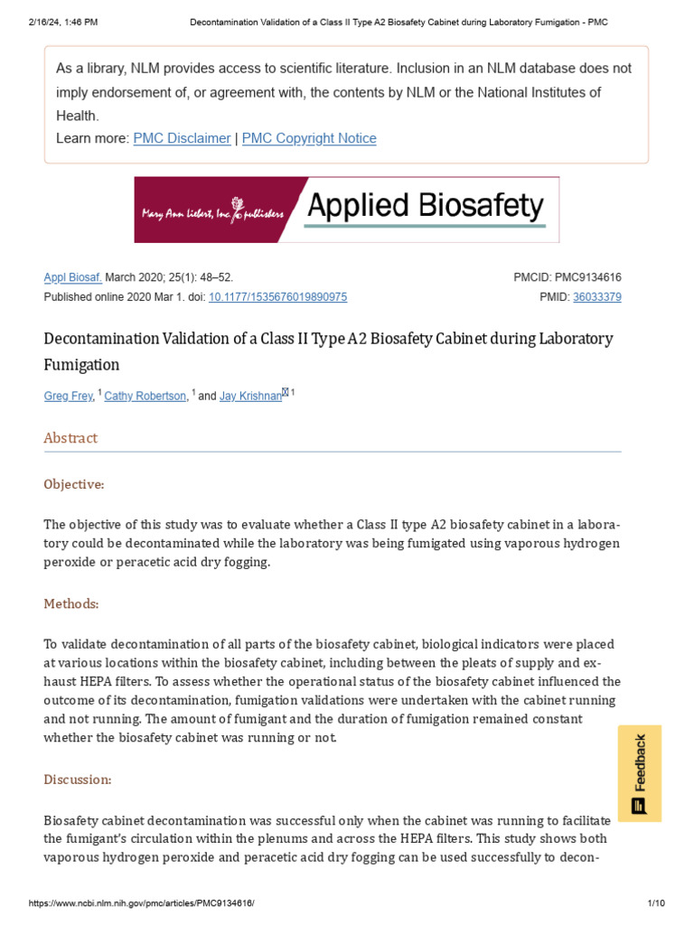 Decontamination Validation of A Class II Type A2 Biosafety Cabinet ...