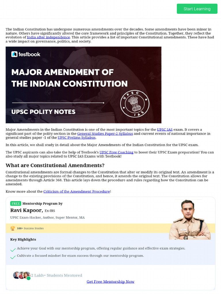 List of Major Amendments of Indian Constitution - In Detail (1) | PDF