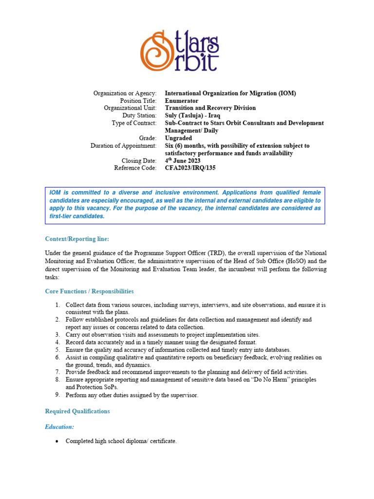 IOM Enumerator Vacancy in Iraq | PDF | Business