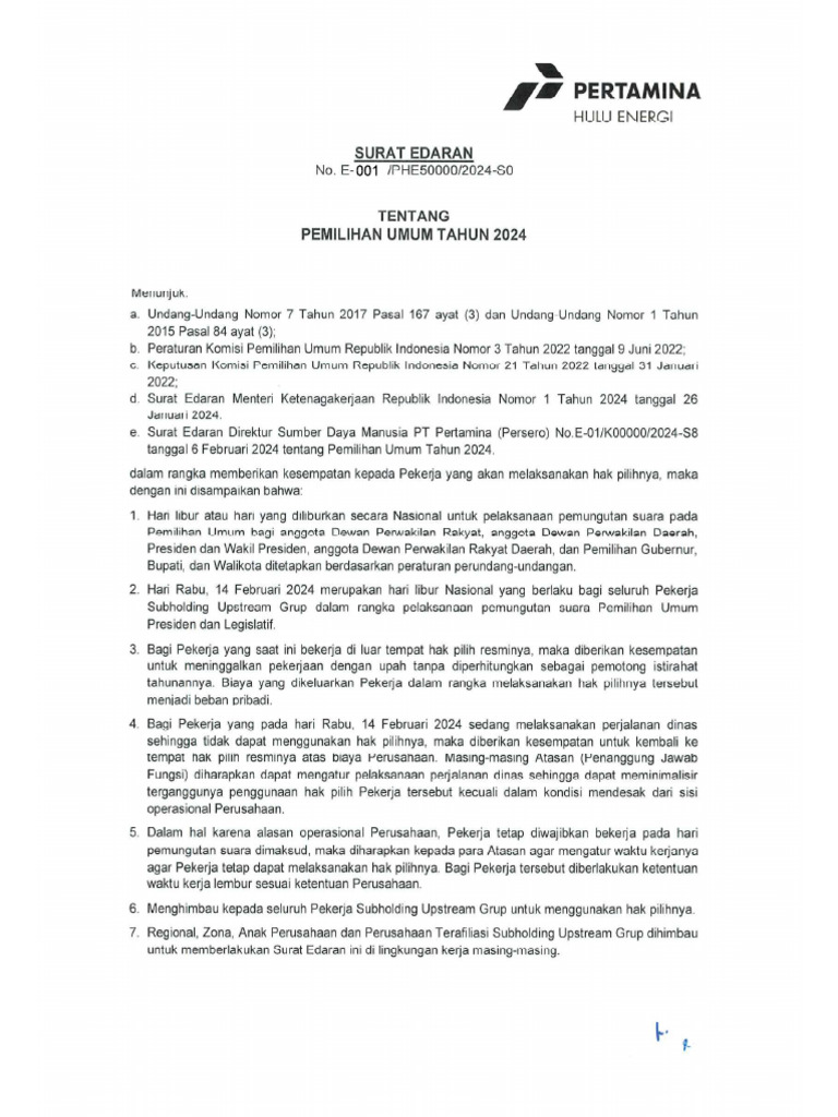 Se 001 Phe50000 2024 S0 Surat Edaran Tentang Pemilihan Umum 2024 Pdf