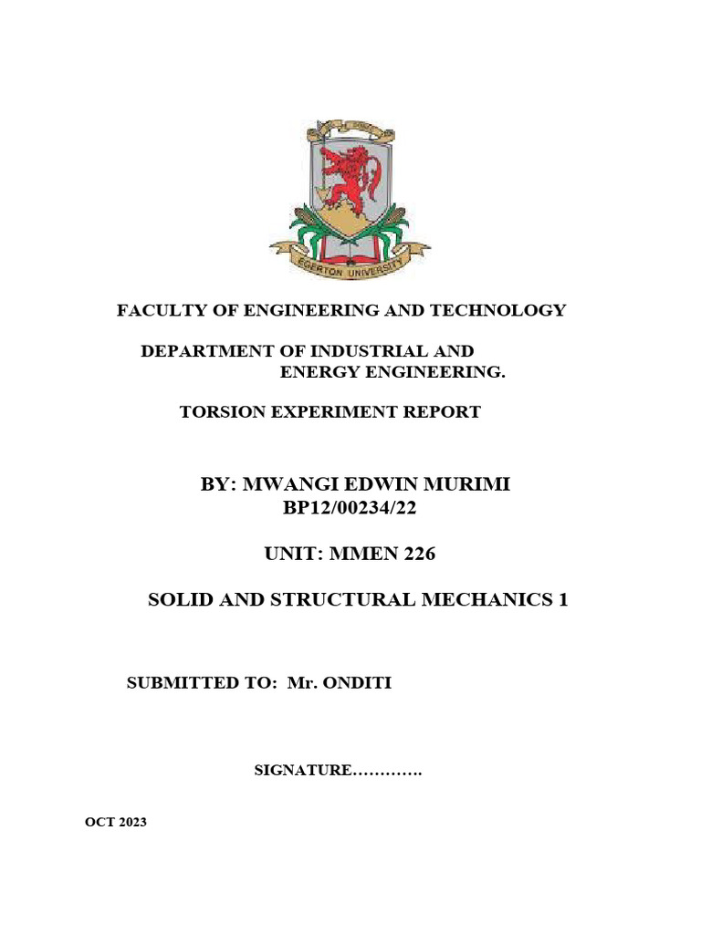 MMEN 226-TORSION EXPERIMENT | PDF | Young's Modulus | Elasticity (Physics)
